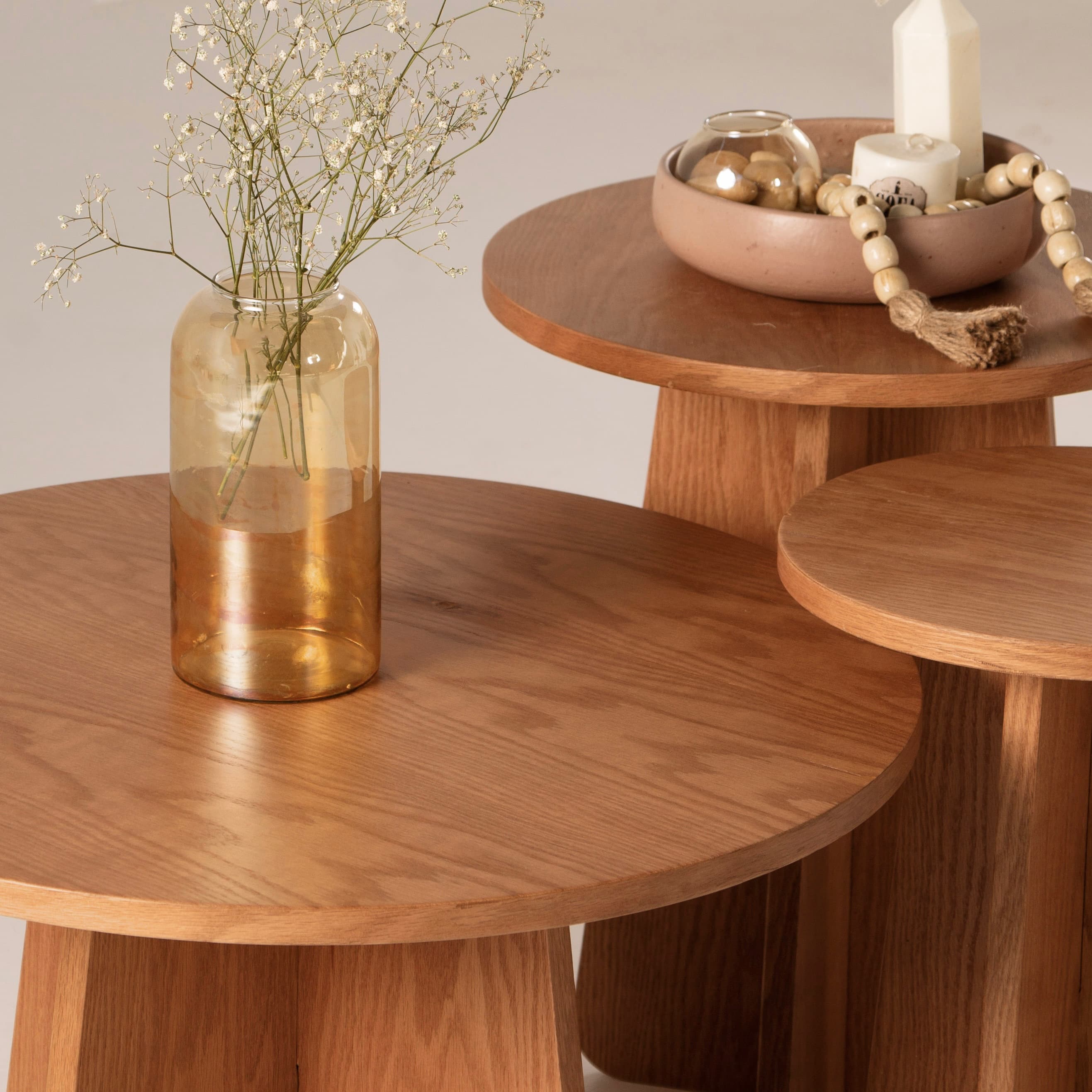 Oak Round Coffee Tables - 3 Pieces - Counter Wood - Efreshli