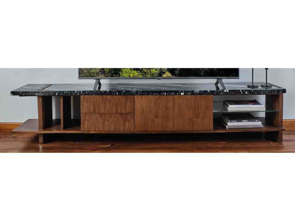 Panda Push-to-Open Walnut TV Unit With Luxurious Marble Top - Efreshli
