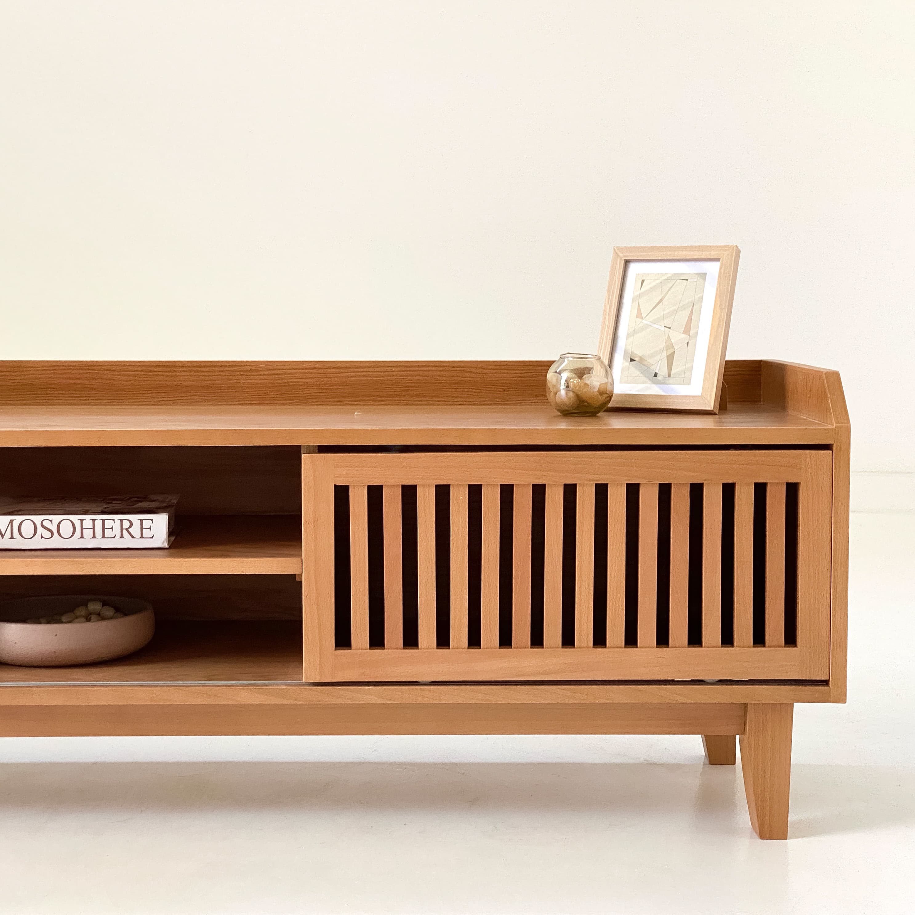 Sliding TV Unit With Drawers & Shelf - Beech Wood - Efreshli
