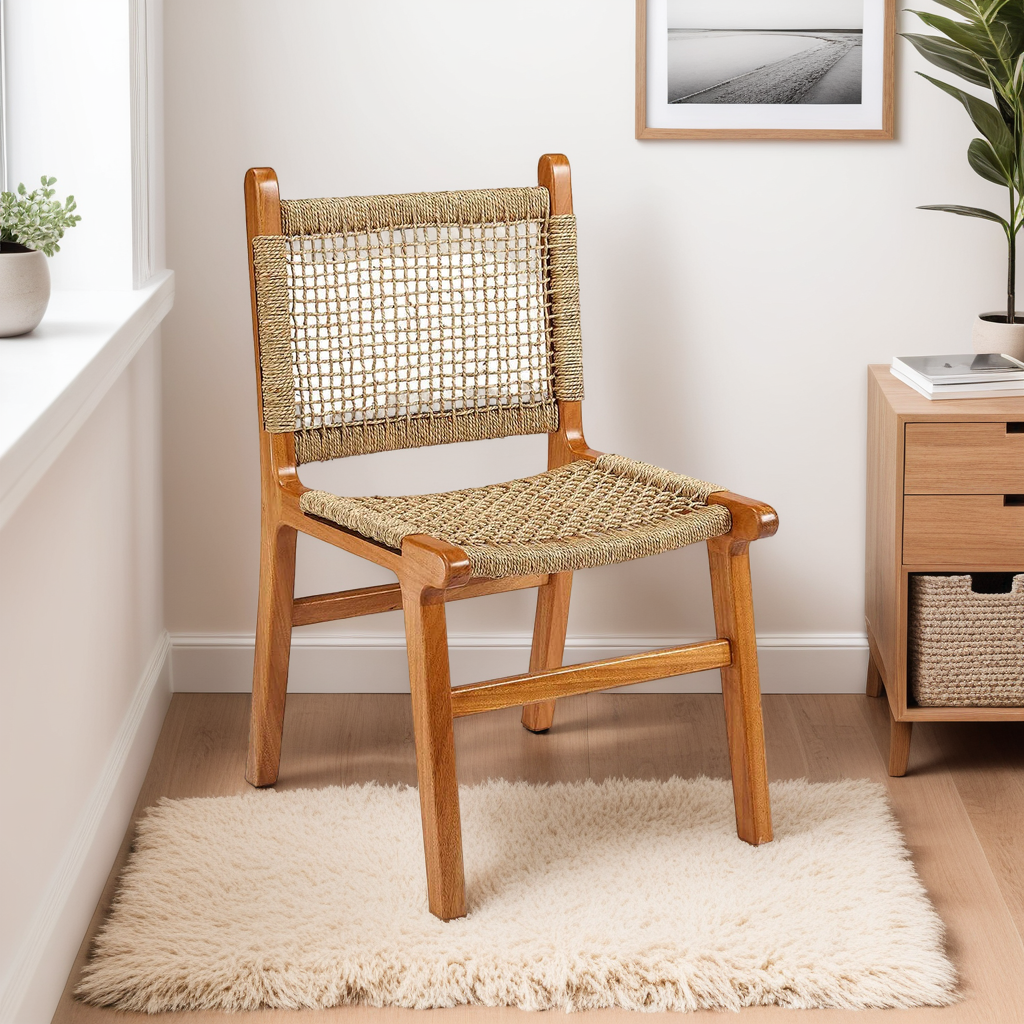 Orla Rope Dining Chair – Teak Wood with Woven Seagrass - Efreshli