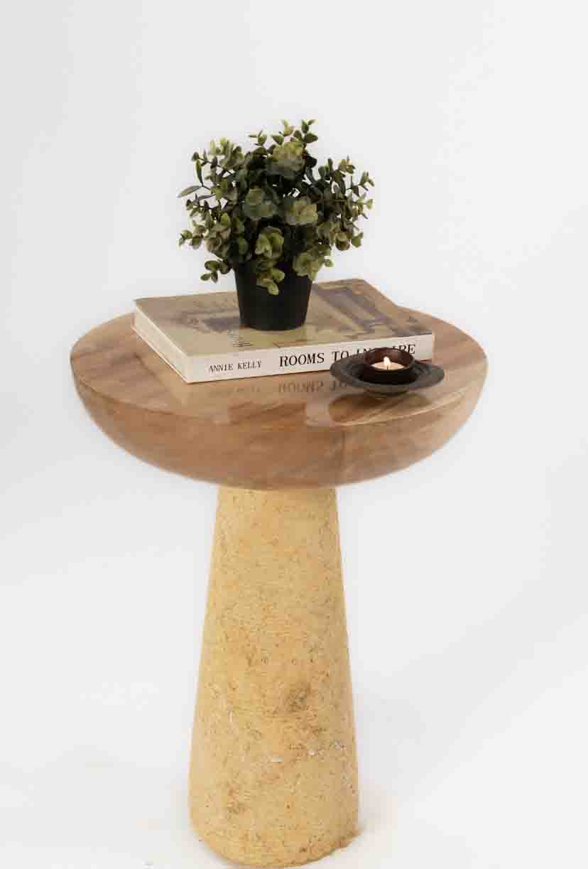 Side Table with Round Wooden Top & Sandstone-Inspired Base - Efreshli