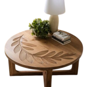 Round Wooden Coffee Table – A Touch of Carved Elegance in Natural Oak - Efreshli