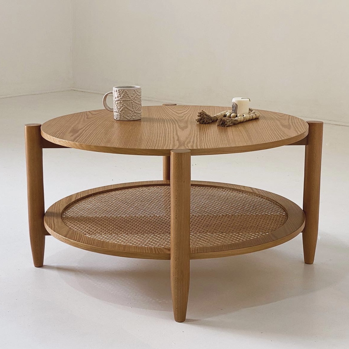 Rattan Round Coffee Tables - 2 Pieces - Beech & Oak Veneer - Efreshli