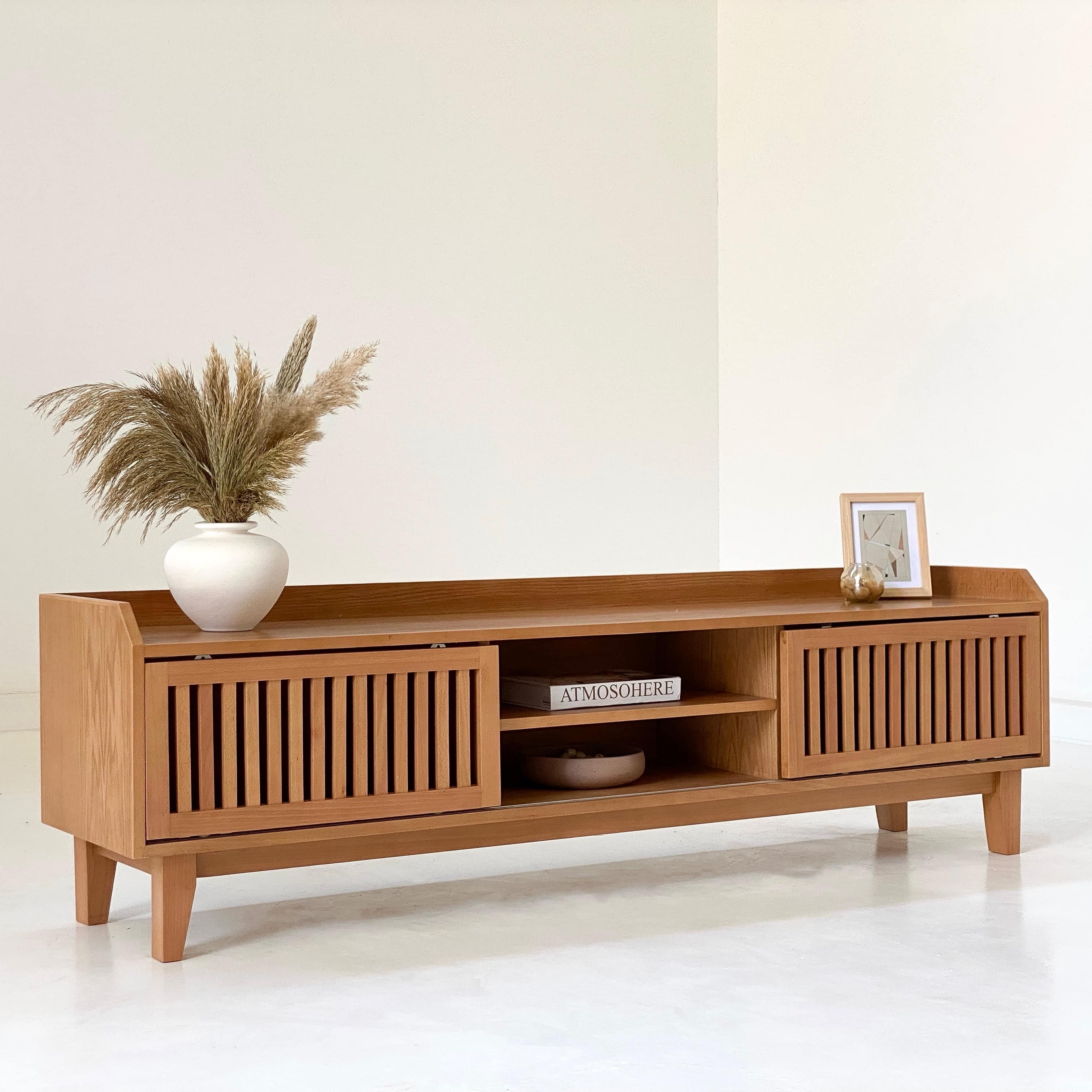 Sliding TV Unit With Drawers & Shelf - Beech Wood - Efreshli