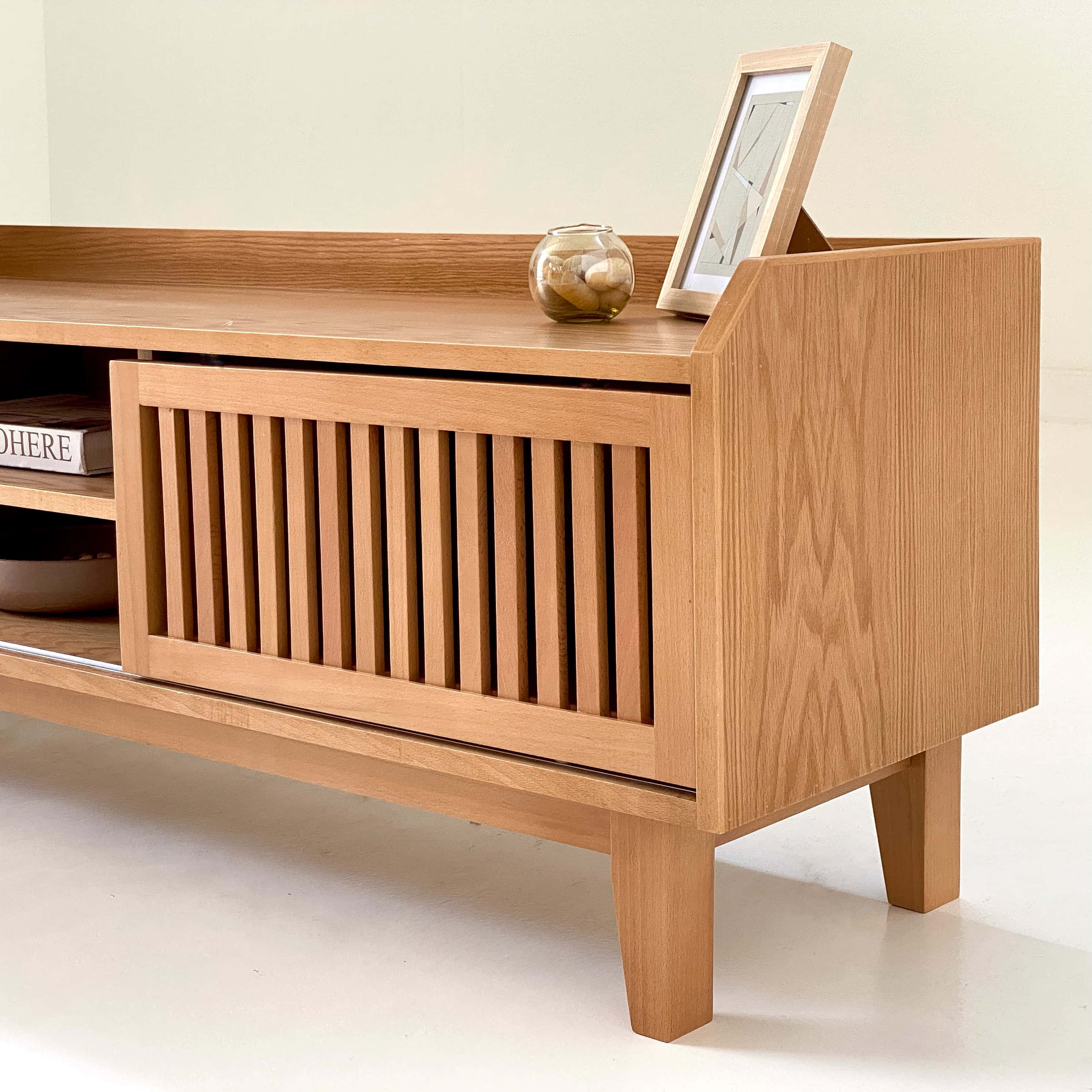 Sliding TV Unit With Drawers & Shelf - Beech Wood - Efreshli