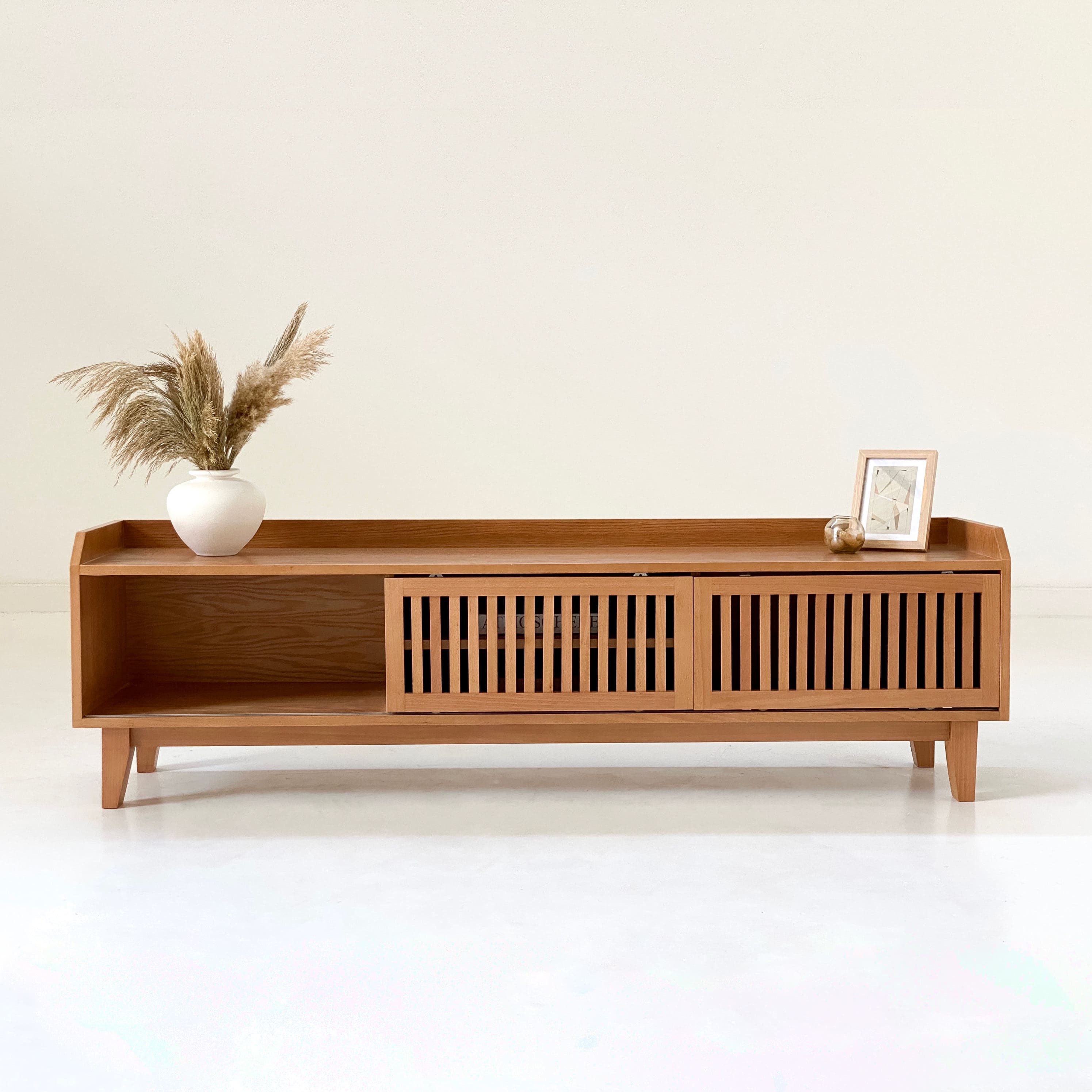 Sliding TV Unit With Drawers & Shelf - Beech Wood - Efreshli