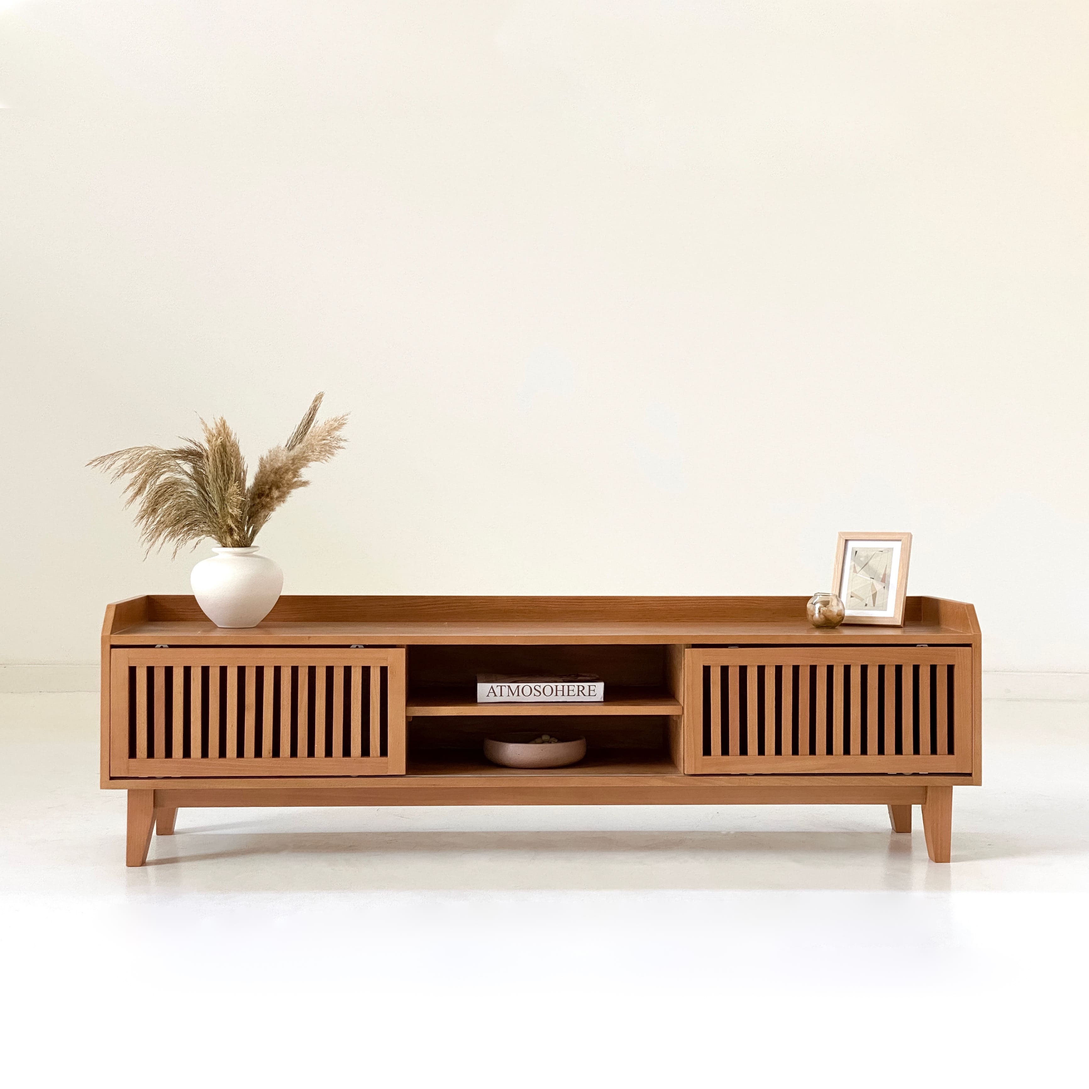 Sliding TV Unit With Drawers & Shelf - Beech Wood - Efreshli