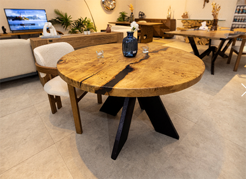 Round Mappa Burl Wood Dining Table With Bold Base - Efreshli